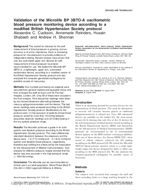 (PDF) Validation of the Microlife BP 3BTO-A oscillometric blood ...