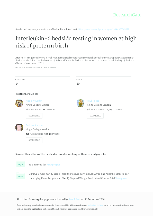 (PDF) Interleukin-6 bedside testing in women at high risk of preterm birth