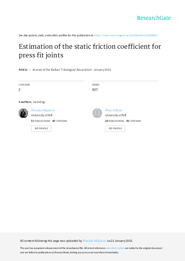 (PDF) Estimation of the Static Friction Coefficient for Press Fit Joints