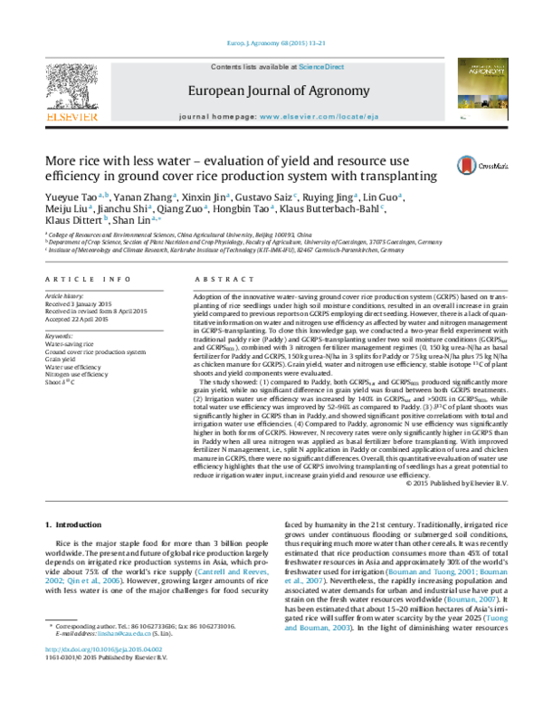 (PDF) More rice with less water – evaluation of yield and resource use ...