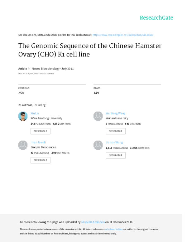 (PDF) The genomic sequence of the Chinese hamster ovary (CHO)-K1 cell line