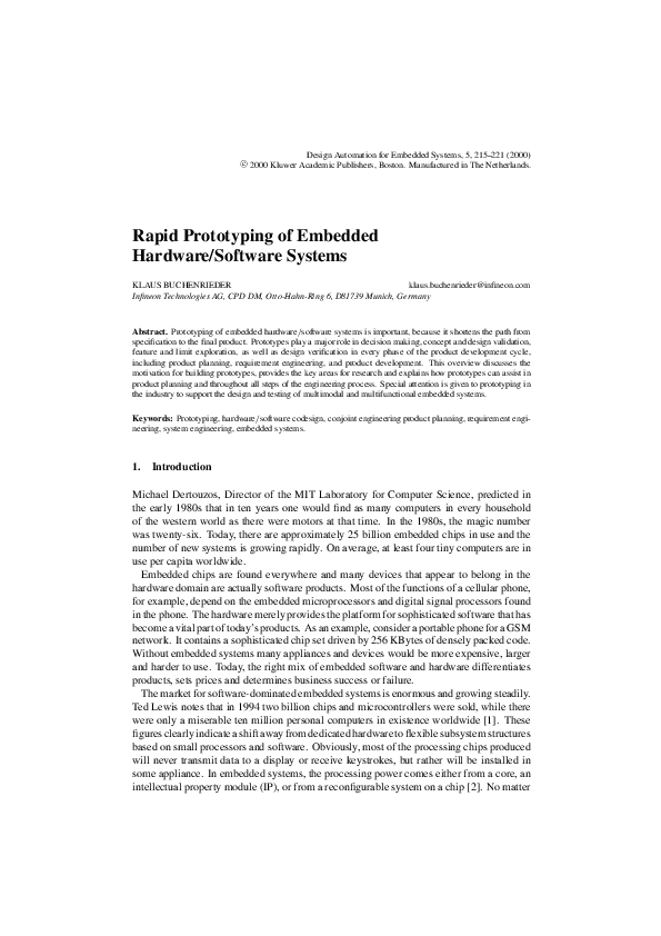 (PDF) Rapid prototyping of embedded hardware/software systems