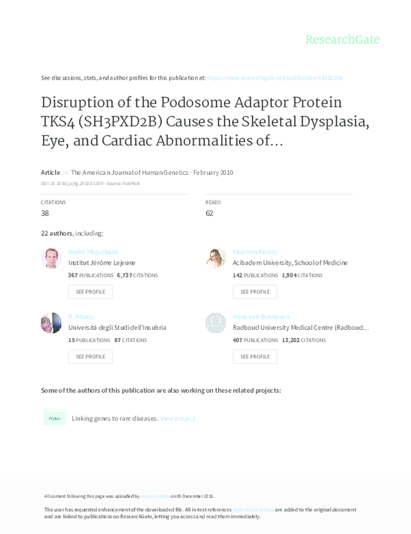 (PDF) Disruption of the Podosome Adaptor Protein TKS4 (SH3PXD2B) Causes ...