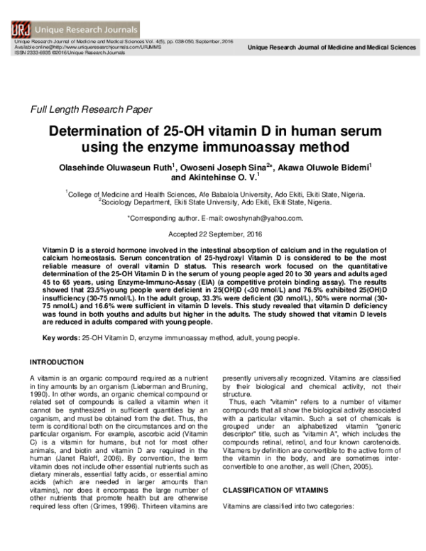 (PDF) Determination of 25-OH vitamin D in human serum using the enzyme ...