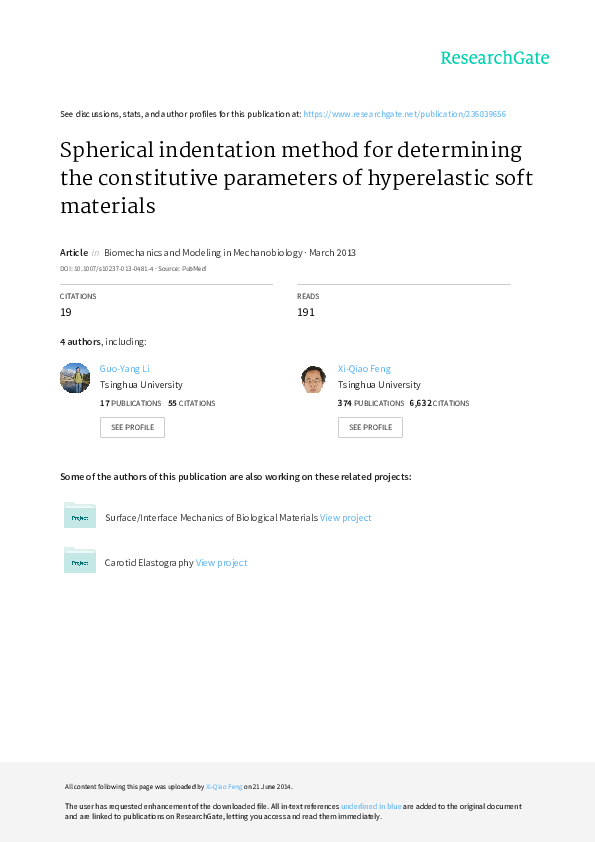 (PDF) Spherical indentation method for determining the constitutive parameters of hyperelastic ...