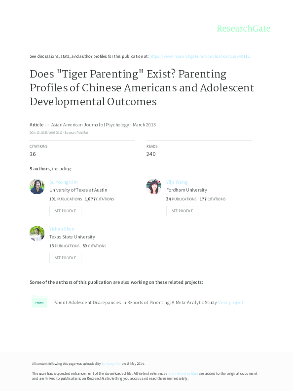 (PDF) Does "Tiger Parenting" Exist? Parenting Profiles of Chinese ...