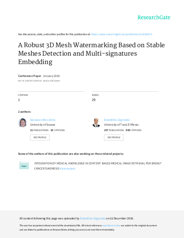 (PDF) A Robust 3D Mesh Watermarking Based on Stable Meshes Detection and Multi-signatures Embedding
