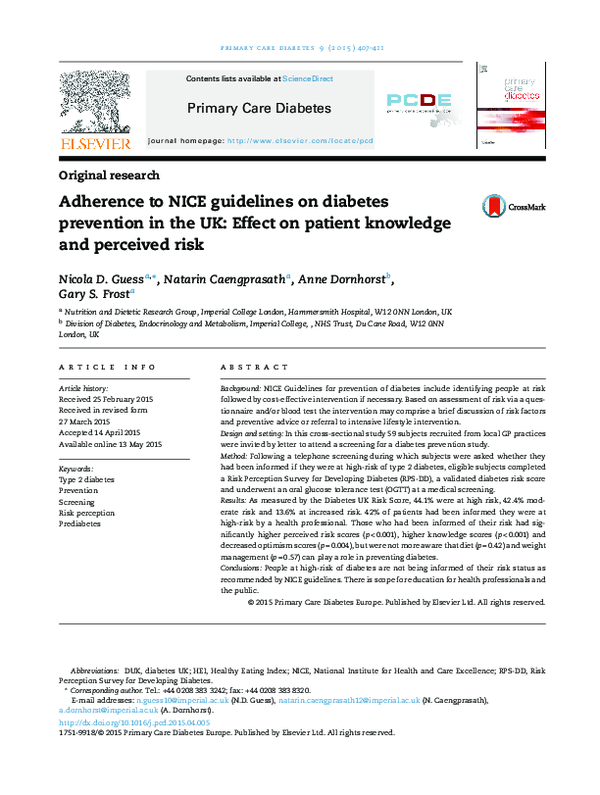 (PDF) Adherence to NICE guidelines on diabetes prevention in the UK ...