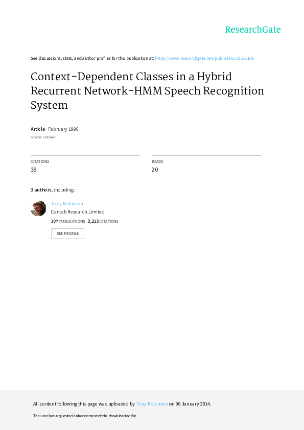 (PDF) Context-Dependent Classes in a Hybrid Recurrent Network-HMM Speech Recognition System
