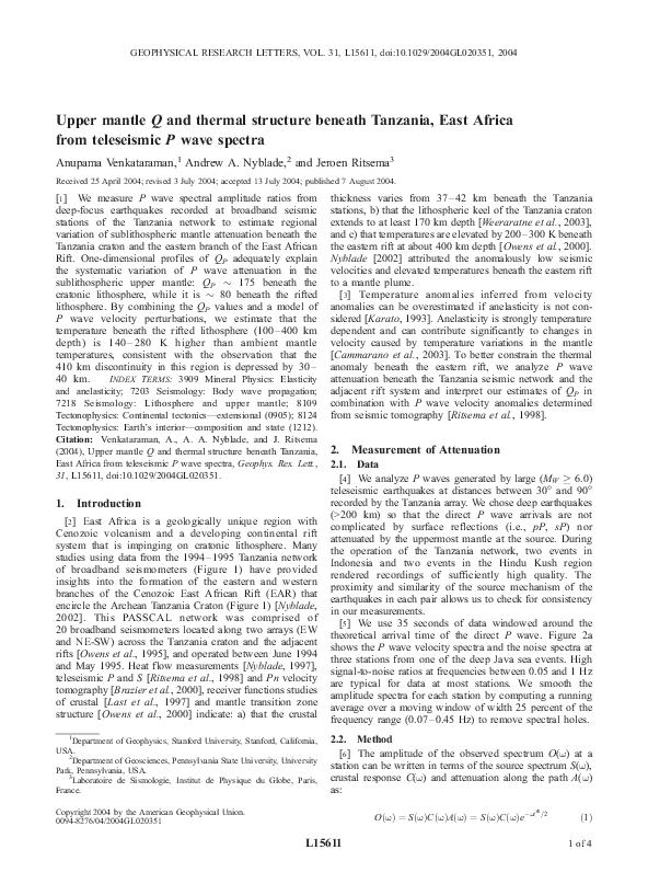 (PDF) Upper mantle Q and thermal structure beneath Tanzania, East ...