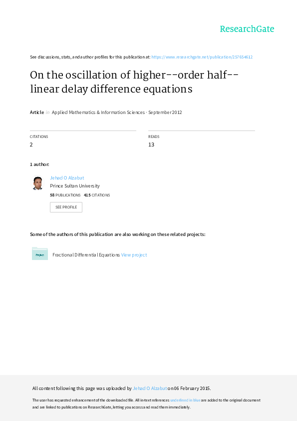 Pdf On The Oscillation Of Higher Order Half Linear Delay Difference Equations