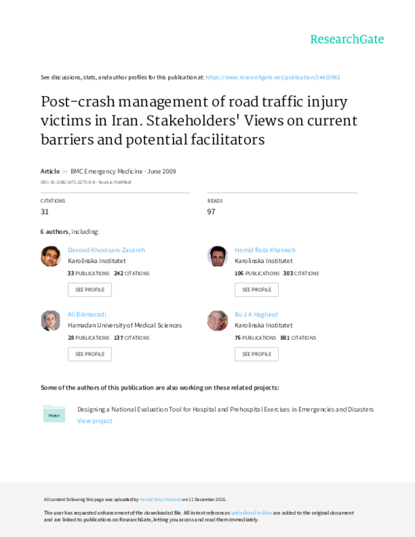 (PDF) Post-crash management of road traffic injury victims in Iran ...