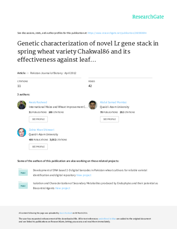 (PDF) Genetic Characterization of Novel LR Gene Stack in Spring Wheat ...