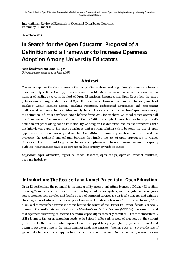 (PDF) In Search for the Open Educator: Proposal of a Definition and a ... (PDF) In Search for the Open Educator: Proposal of a Definition and a ...