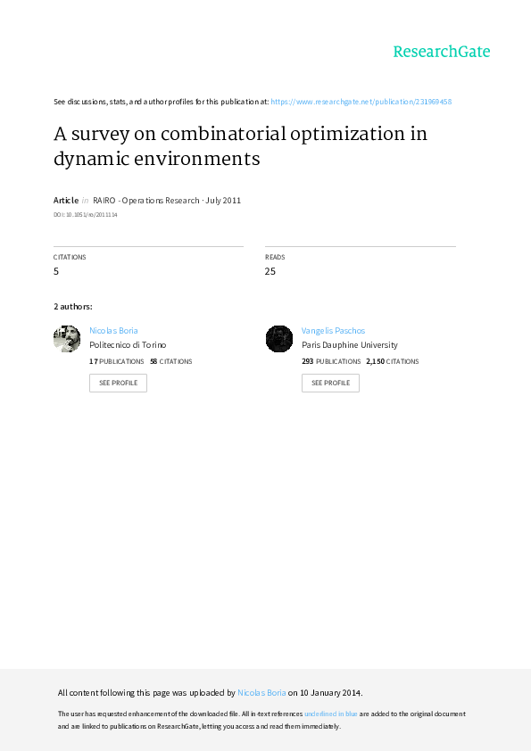 Pdf A Survey On Combinatorial Optimization In Dynamic Environments