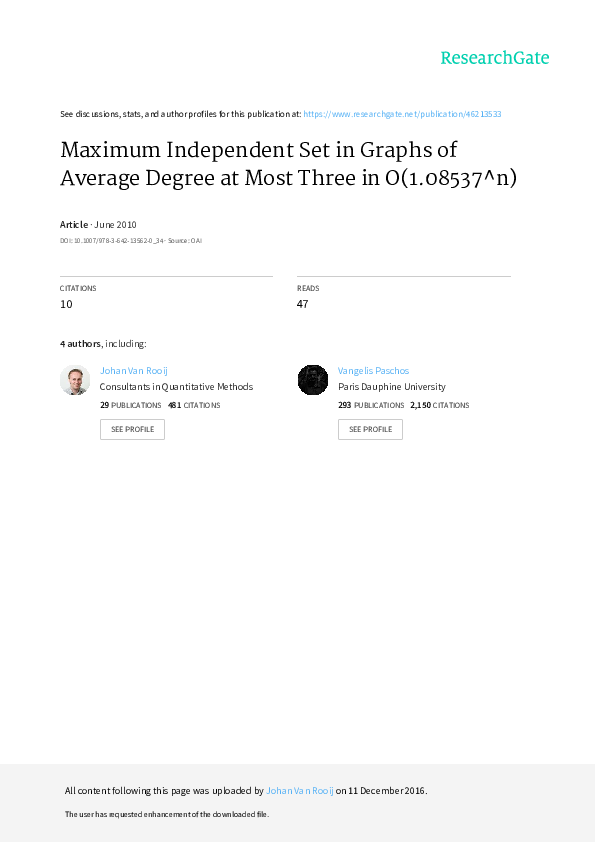 (PDF) Maximum Independent Set in Graphs of Average Degree at Most Three in ${\mathcal O}(1.08537^n)$