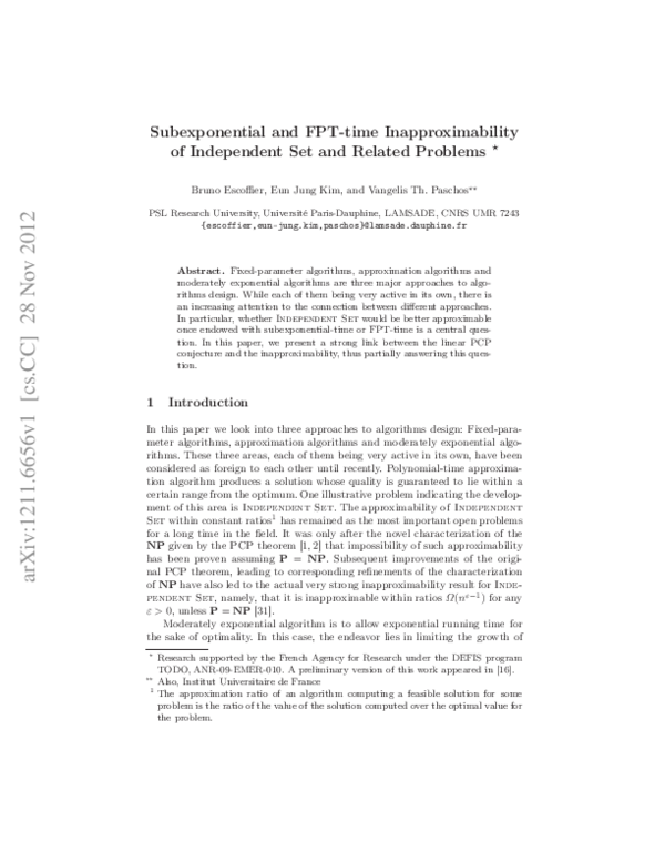 Pdf Subexponential And Fpt Time Inapproximability Of Independent Set And Related Problems