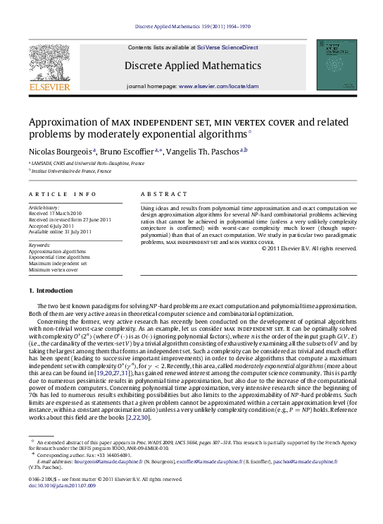 Pdf Approximation Of Max Independent Set Min Vertex Cover And Related Problems By Moderately