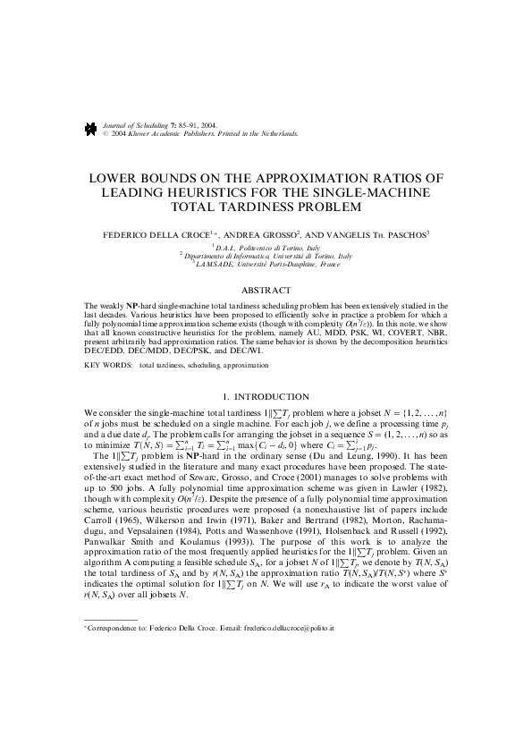 (PDF) Lower Bounds on the Approximation Ratios of Leading Heuristics for the Single-Machine ...