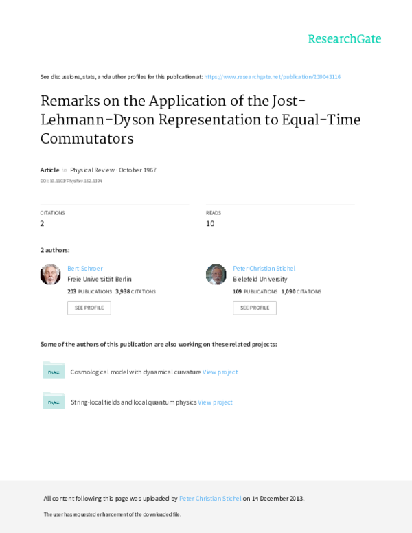 Pdf Remarks On The Application Of The Jost Lehmann Dyson Representation To Equal Time Commutators