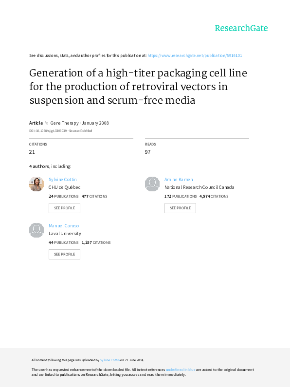 (PDF) Generation of a high-titer packaging cell line for the production ...