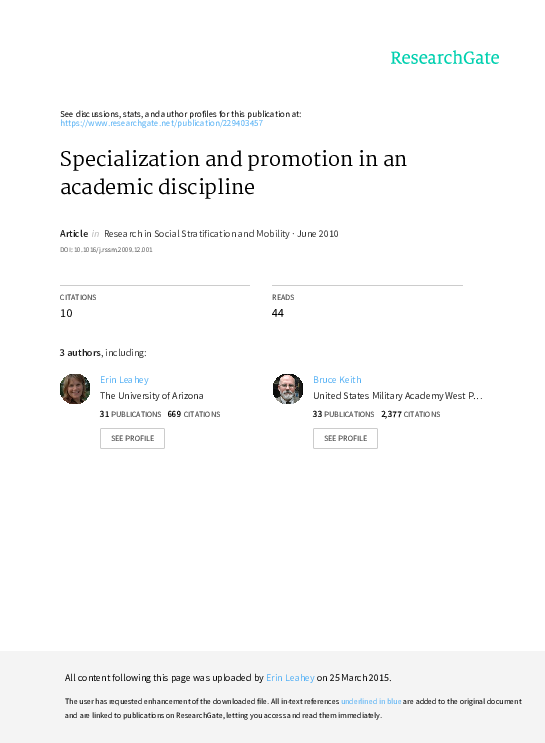 (PDF) Specialization and promotion in an academic discipline