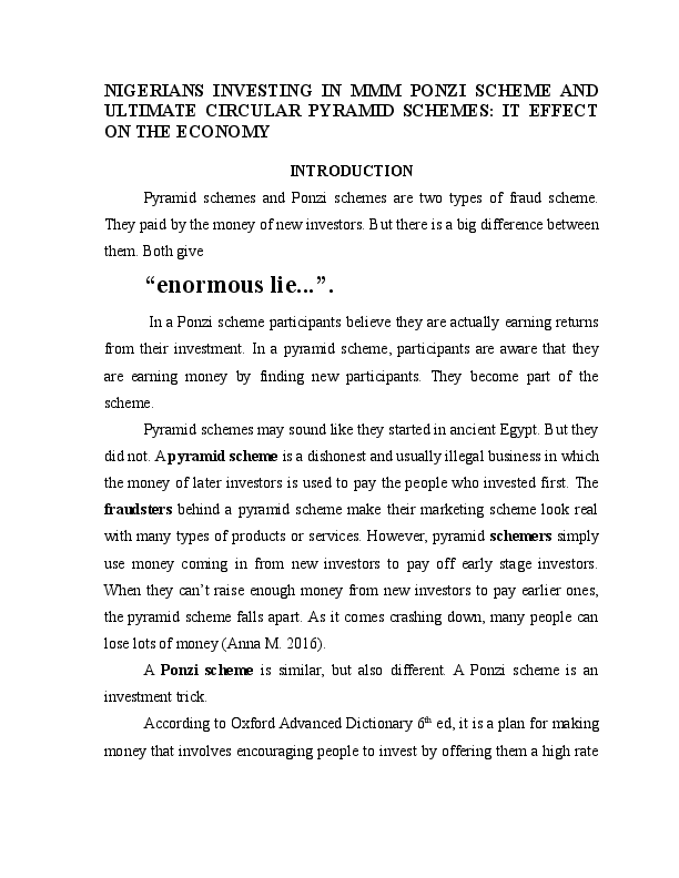 (DOC) NIGERIANS INVESTING IN MMM PONZI SCHEME AND ULTIMATE CIRCULAR ...