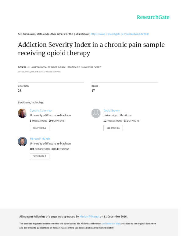 (PDF) Addiction Severity Index in a chronic pain sample receiving ...