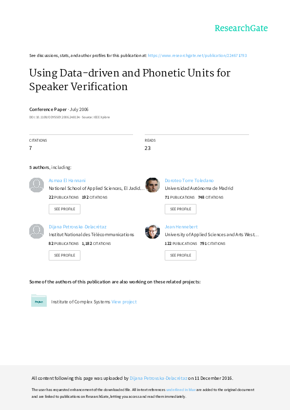 (PDF) Using Data-driven and Phonetic Units for Speaker Verification