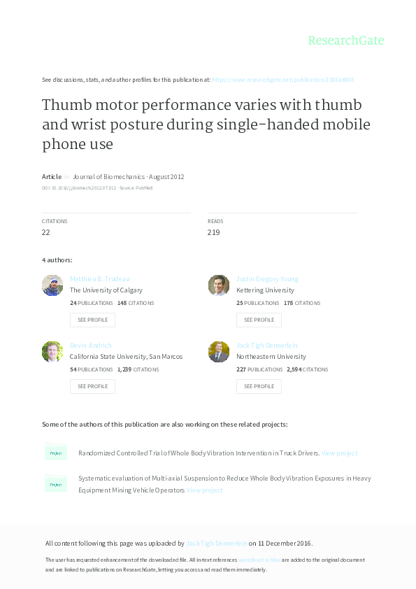(PDF) Thumb motor performance varies with thumb and wrist posture ...