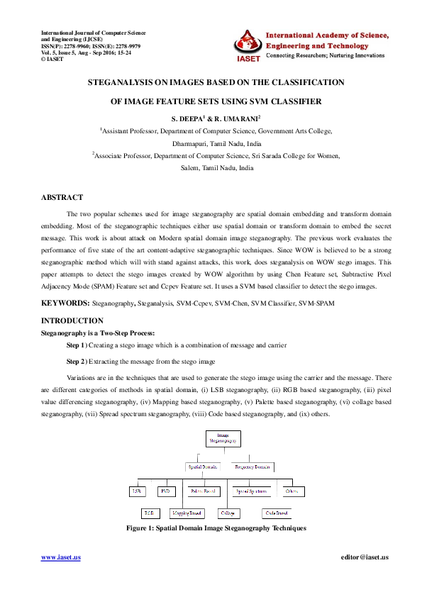 Pdf Steganalysis On Images Based On The Classification Of Image Feature Sets Using Svm Classifier