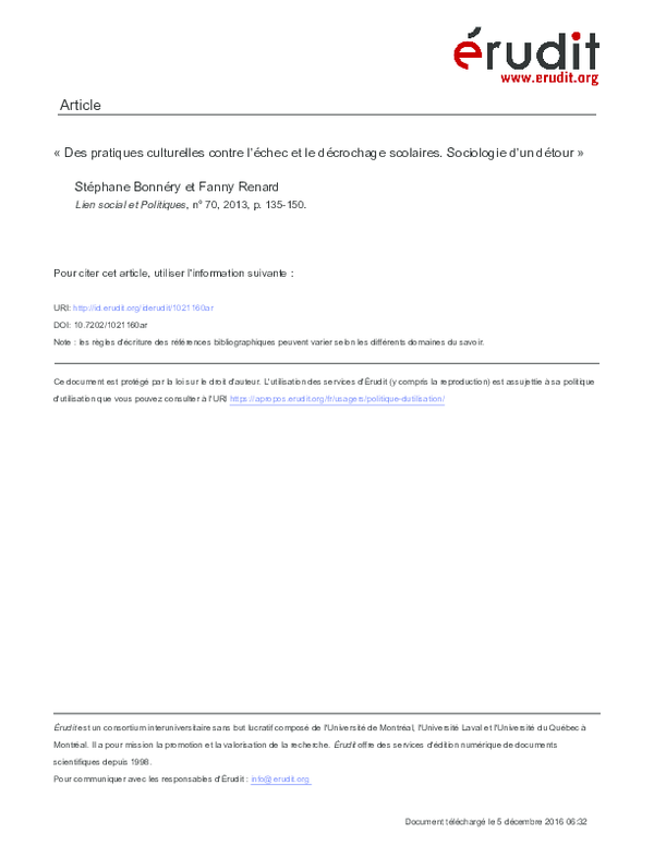 (PDF) Stéphane Bonnéry et Fanny Renard - Des pratiques culturelles ...