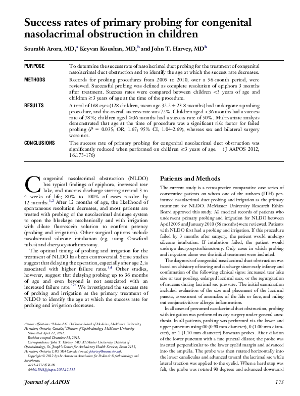(PDF) Success rate of Nasolacrimal Duct Probing in children with ...