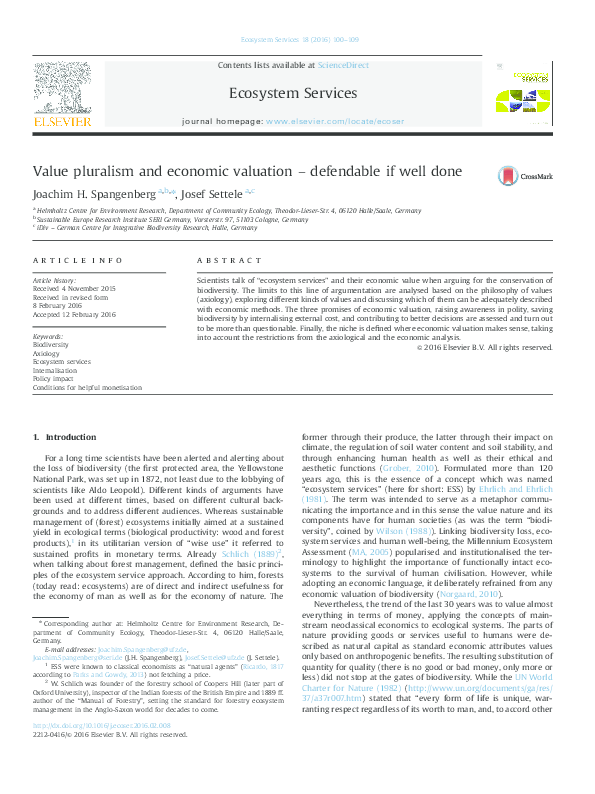 (PDF) Value pluralism and economic valuation – defendable if well done.