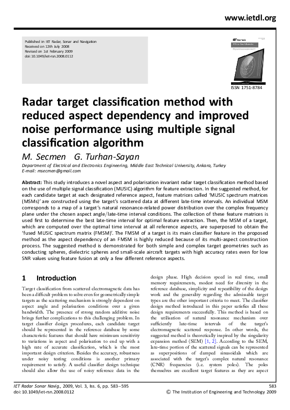 Pdf Radar Target Classification Method With Reduced Aspect Dependency And Improved Noise