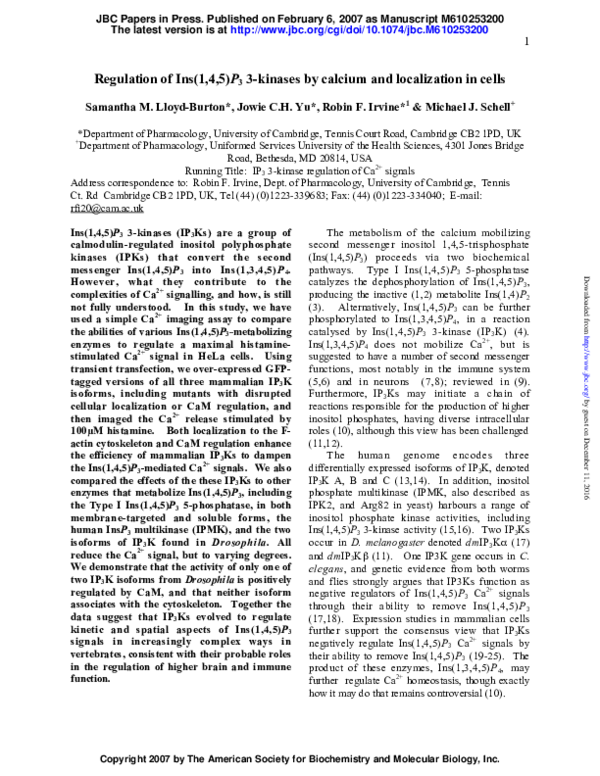 (PDF) Regulation of Inositol 1,4,5-Trisphosphate 3-Kinases by Calcium and Localization in Cells ...