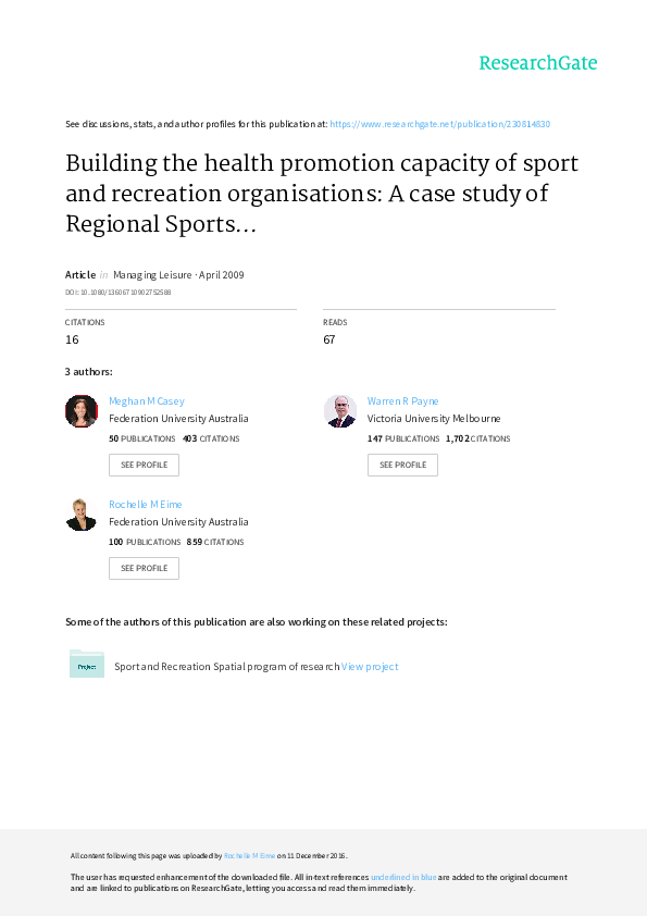 (PDF) Building the health promotion capacity of sport and recreation ...