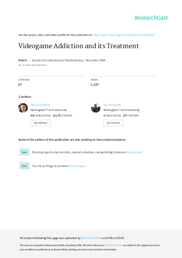 (PDF) Videogame addiction and its treatment