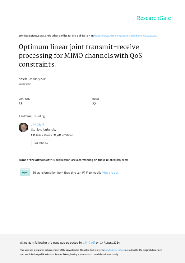 (PDF) Optimum Linear Joint Transmit-Receive Processing for MIMO Channels with QoS Constraints