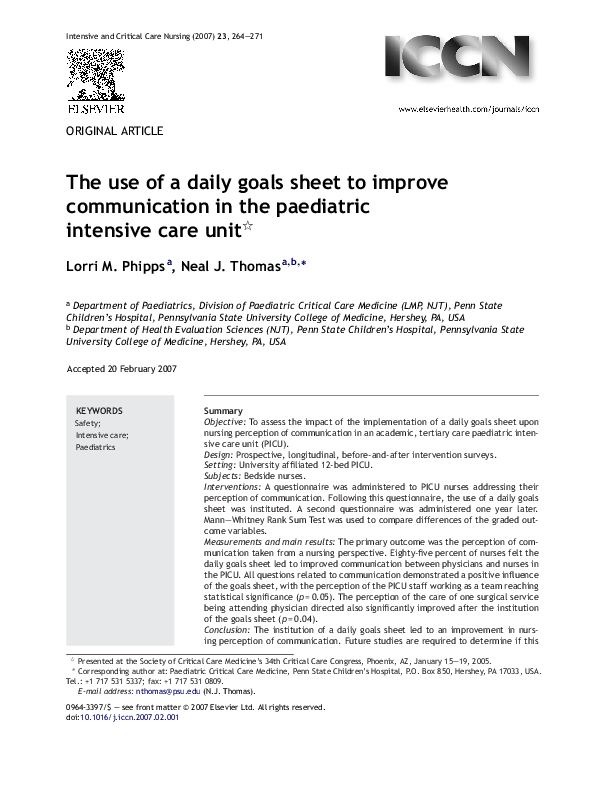 (PDF) The use of a daily goals sheet to improve communication in the ...