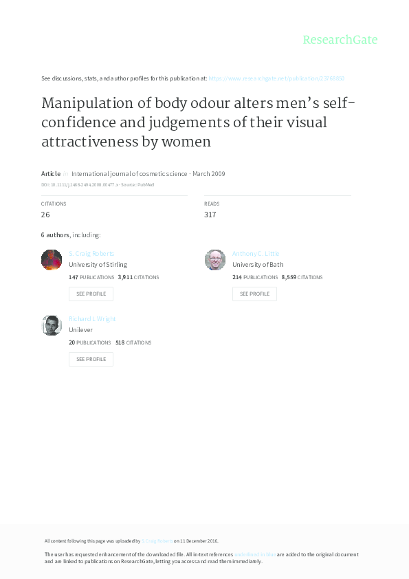 (PDF) Manipulation of body odour alters men's self-confidence and ...
