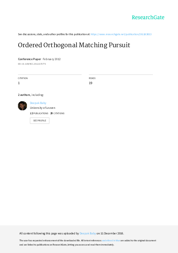 (PDF) Ordered Orthogonal Matching Pursuit