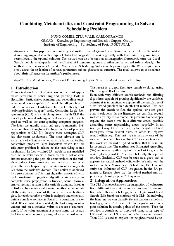 (PDF) Combining metaheuristics and constraint programming to solve a scheduling problem