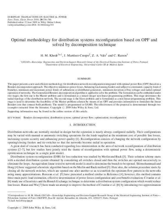 Pdf Optimal Methodology For Distribution Systems Reconfiguration Based On Opf And Solved By