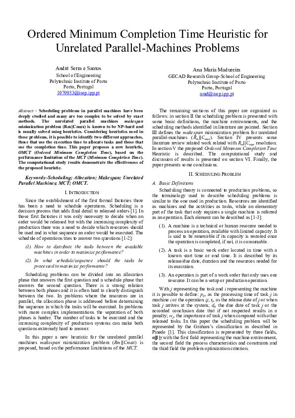 (PDF) Ordered minimum completion time heuristic for unrelated parallel-machines problems | Andre ...
