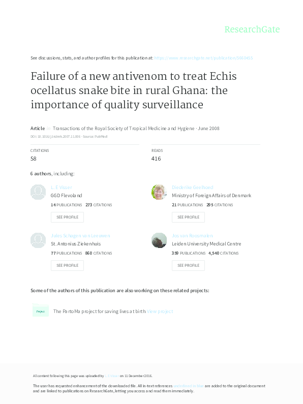(PDF) Failure of a new antivenom to treat Echis ocellatus snake bite in ...