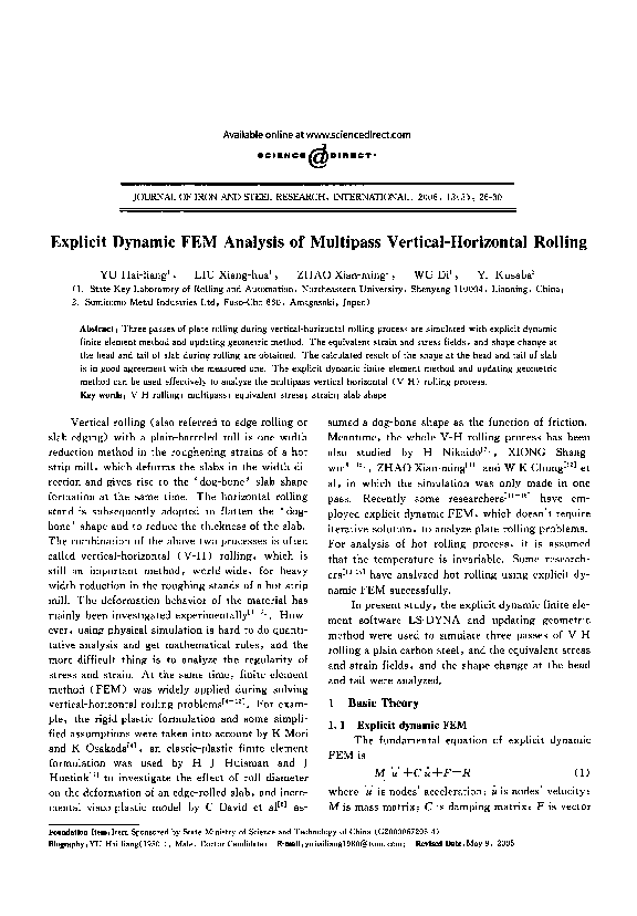 Pdf Explicit Dynamic Fem Analysis Of Multipass Vertical Horizontal Rolling