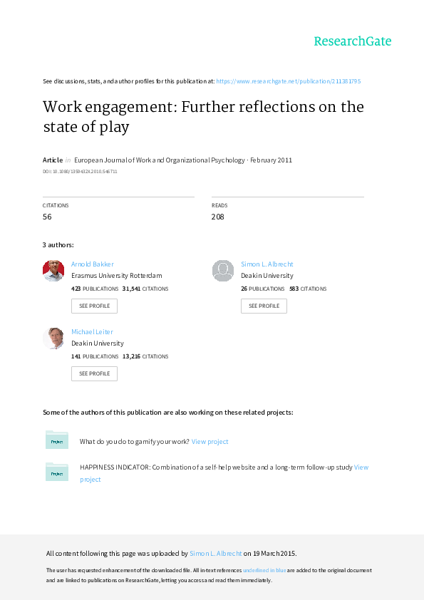 (PDF) Work engagement: Further reflections on the state of play