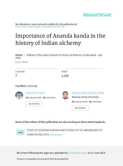 (PDF) Importance of Ananda kanda in the history of Indian alchemy
