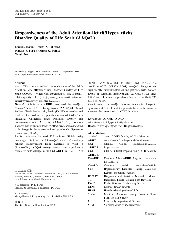 (PDF) Responsiveness of the Adult Attention-Deficit/Hyperactivity ...